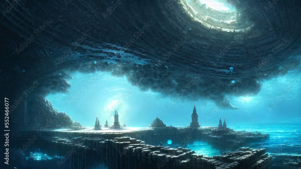 Ancient majestic sunken city of Atlantis civilization. Fantasy city at ...