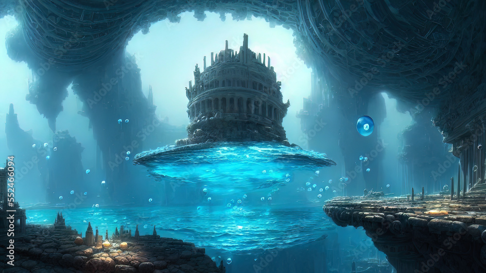 Ancient majestic sunken city of Atlantis civilization. Fantasy city at ...