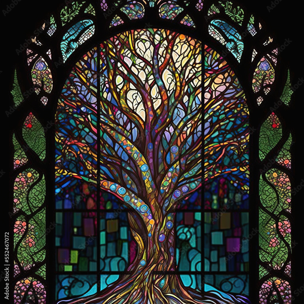 Arch stained glass window with magic tree. Generative AI. Not based on ...