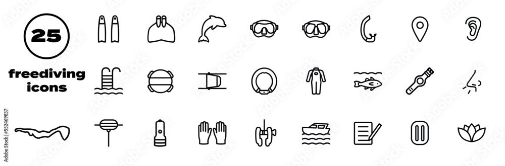 set of freediving icons, diving pictograms, freediver, fins, monofin ...