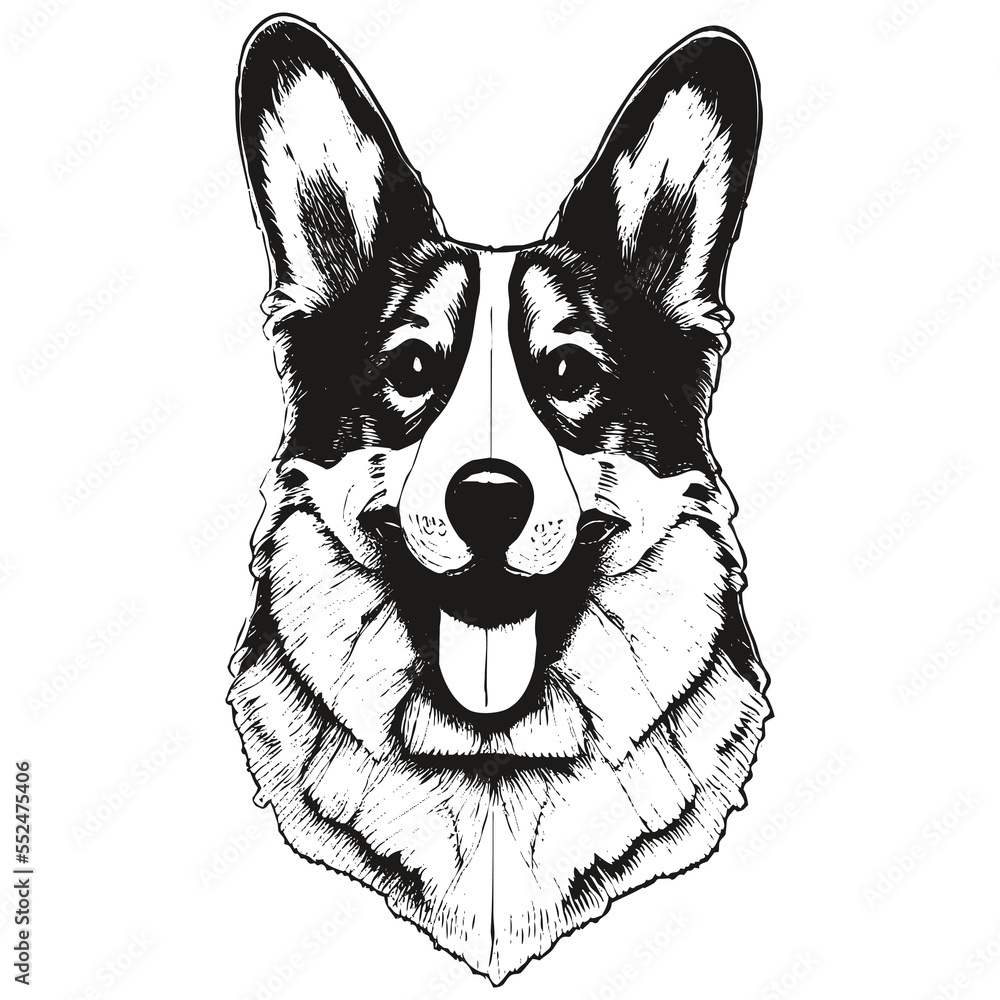 Corgi cartoon face image hand drawn ,black and white drawing of dog ...
