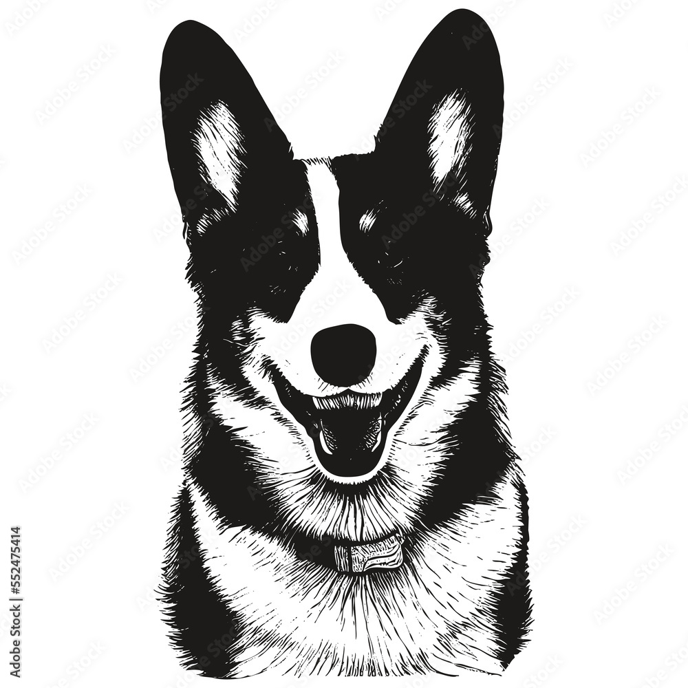 Corgi face vector hand drawn ,black and white drawing of dog Stock ...