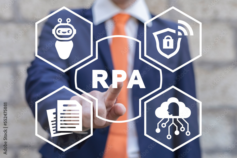 Businessman using virtual touchscreen presses abbreviation: RPA ...