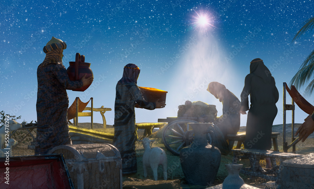 Three wise kings, 3 men bringing gifts to Jesus. Nativity scene ...