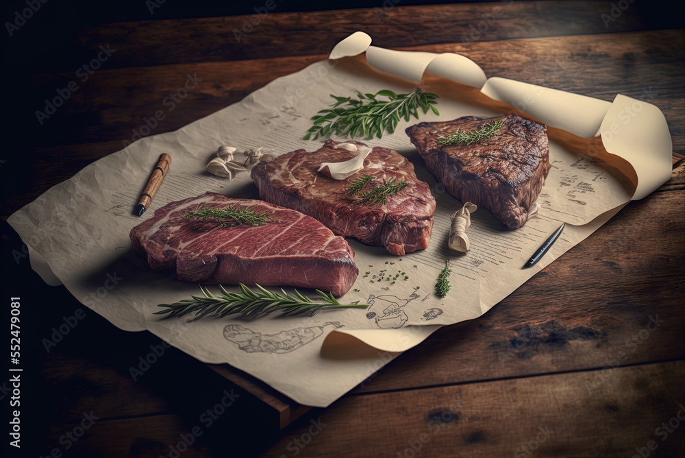 White handmade paper, a wooden table, and three bone-in steaks of fresh ...
