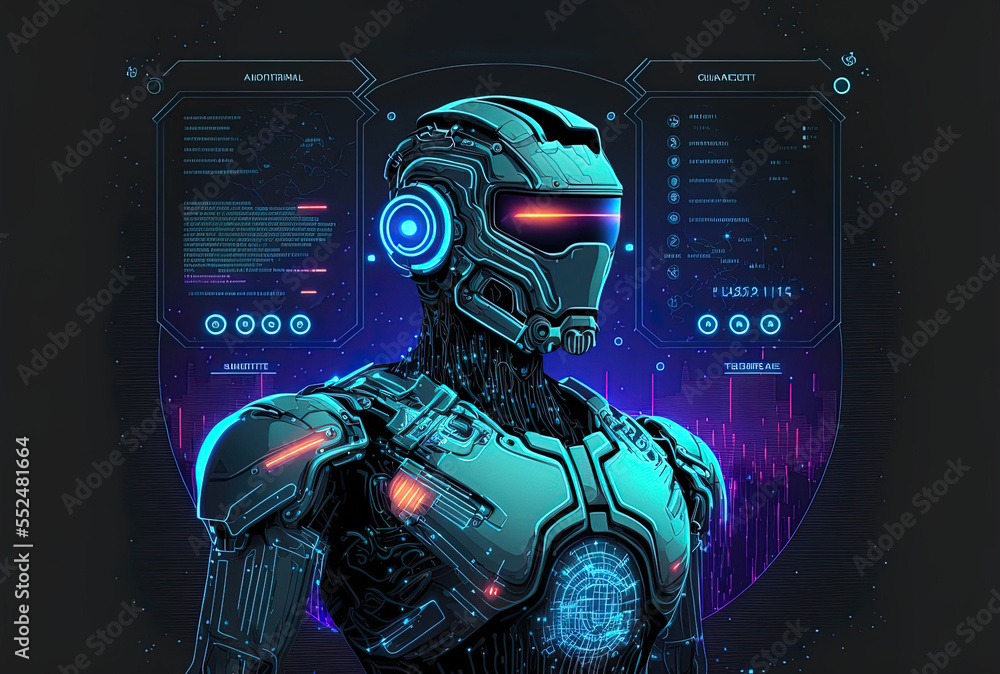Artificial intelligence robot cyborg on holographic interface in a futuristic hud app interface ...