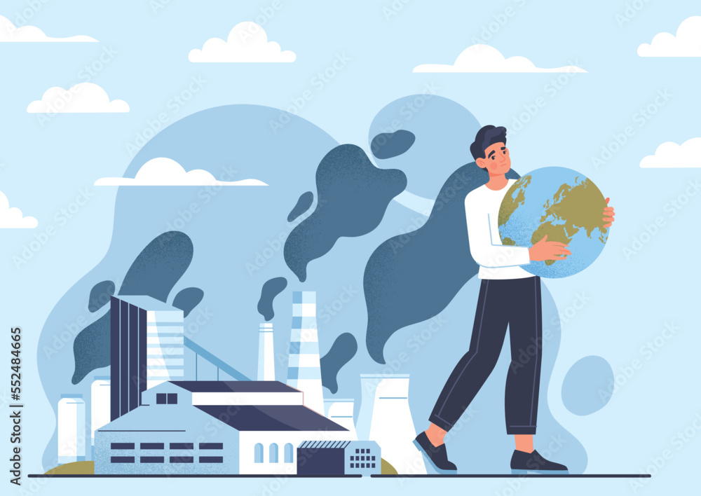 Climate change problem. Man holds planet in his hands against backdrop ...