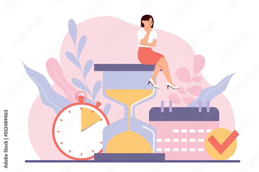 Woman passes time. Young girl sitting on clock next to calendar. Time ...