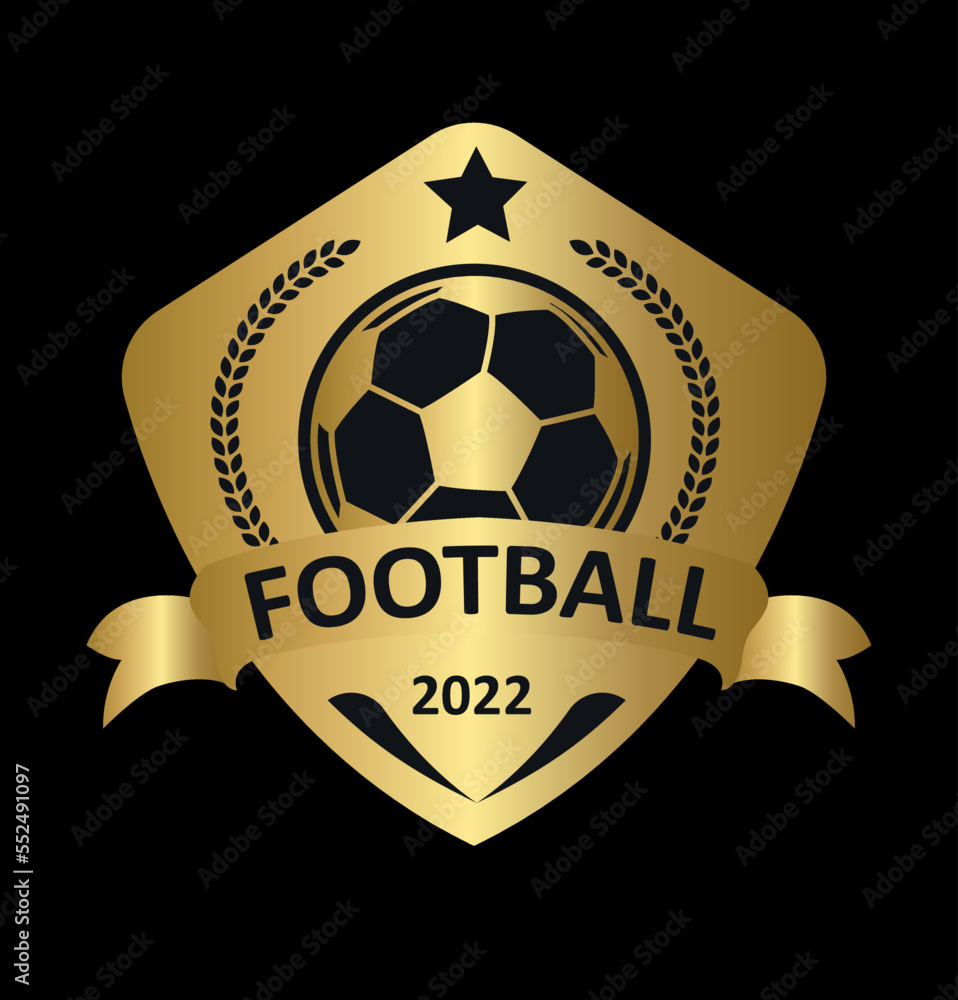 Football badge gold. Ball with wreaths in rhombus, trophy and award ...
