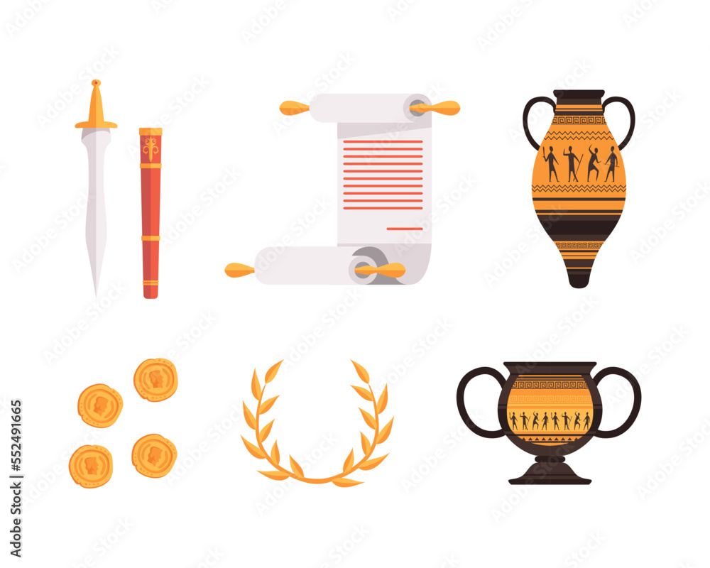 Ancient Greek Object with Coin, Laurel Wreath, Amphora, Scroll and ...