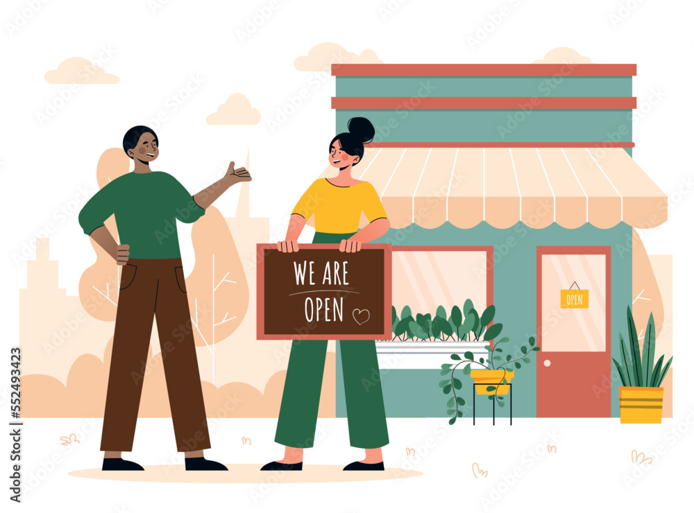 Cafe open concept. Small business owner holding sign greets clients in ...