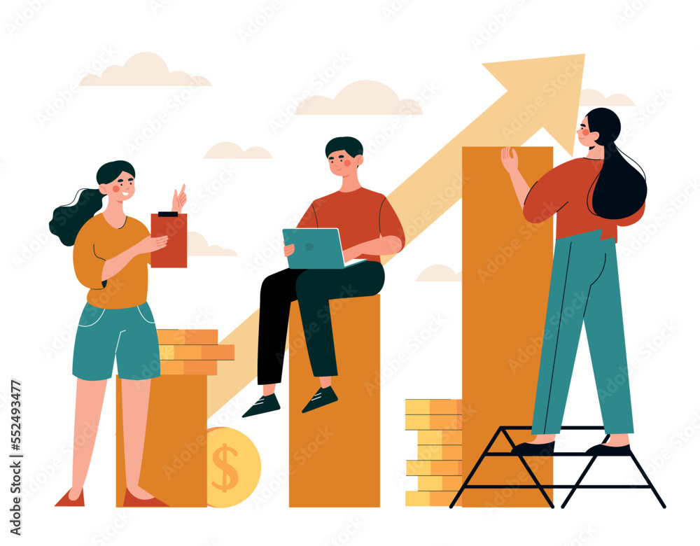 Business team growing. Man and woman sitting on posts against ...