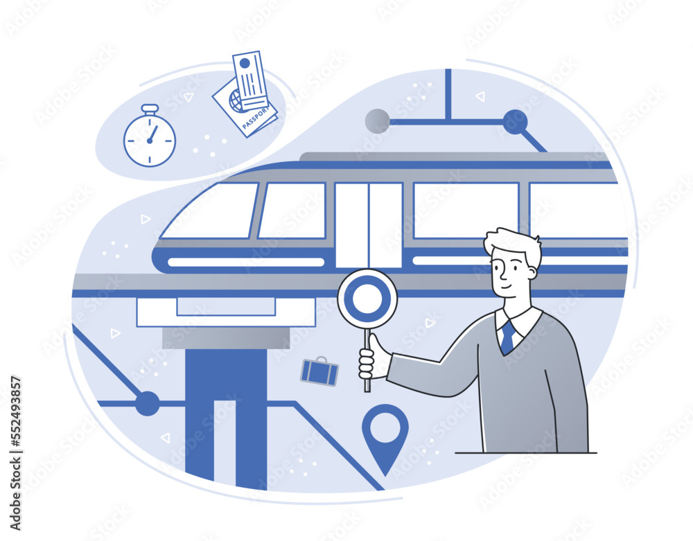 Train conductor concept. Man regulates movement on rails. Travel and ...