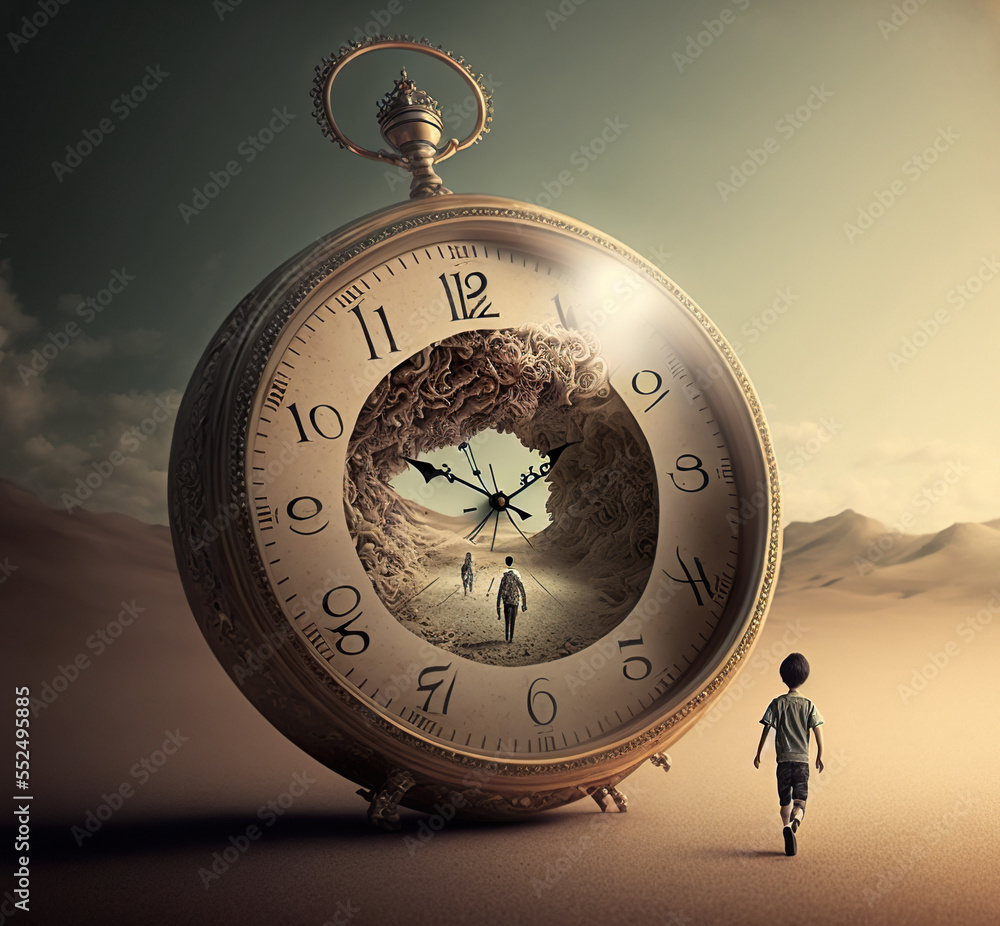 old pocket watch and child surreal illustration, time running, created ...