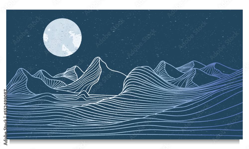 Ocean wave landscape. Creative minimalist modern line art print ...
