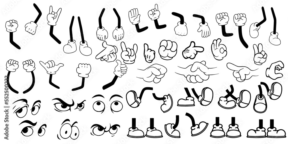 Cartoon hands. Comic arms with four and five fingers in white gloves ...