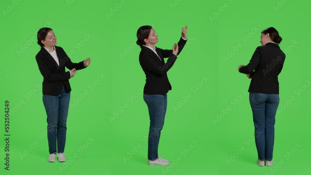 Caucasian businesswoman advertising presentation sideways, doing ...