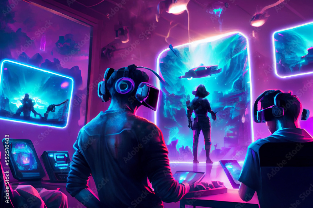 people playing video games inside the metaverse generative AI Stock ...