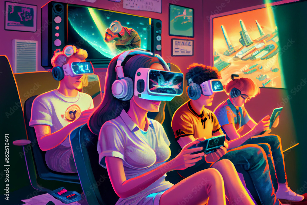 people playing video games inside the metaverse generative AI Stock ...