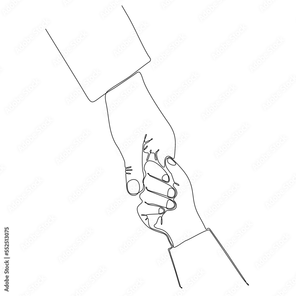 continuous line illustration of father and son hands. One line drawing ...