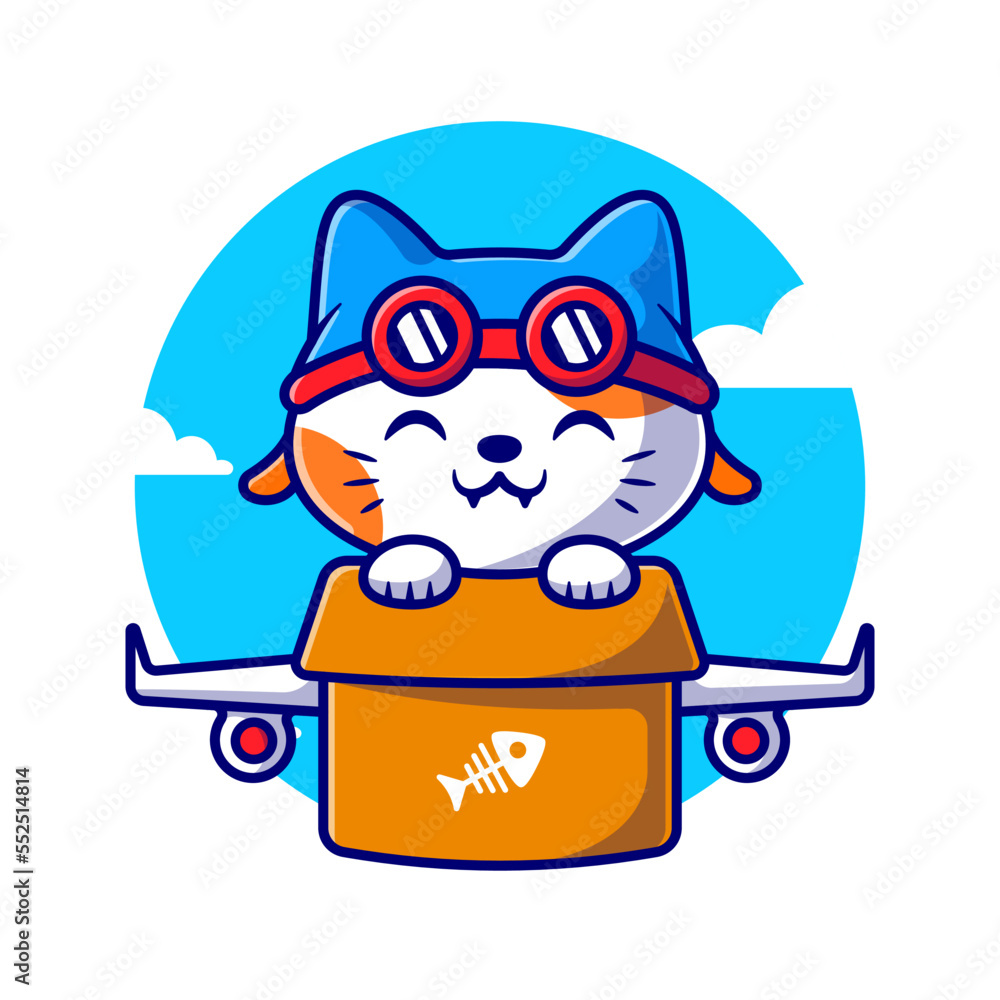 Vetor do Stock: Cute Cat Flight With Cardboard Plane Cartoon Vector ...