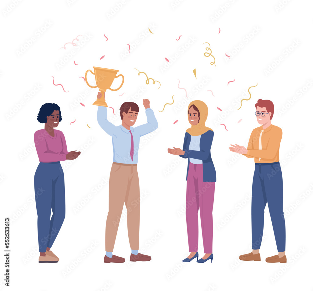 Business team celebrating victory semi flat color vector characters ...