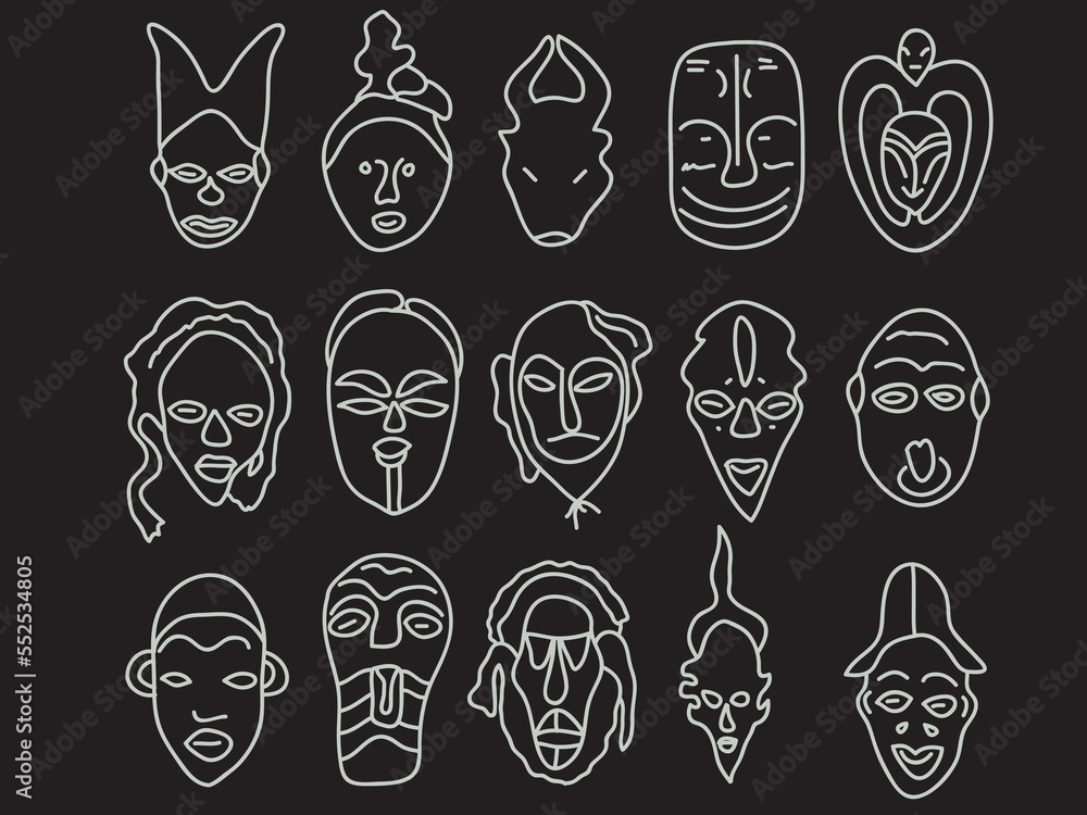 hand drawn african traditional mask outline clipart illustration set ...