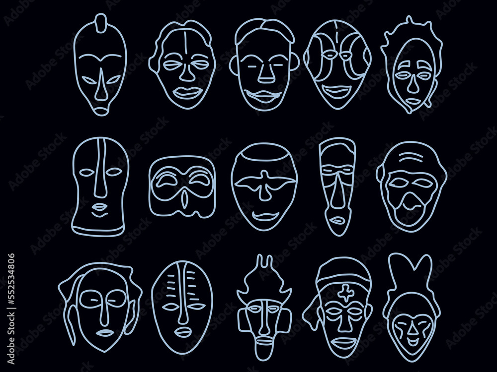 african ethnic tribal mask outline icon illustration set bundling Stock ...