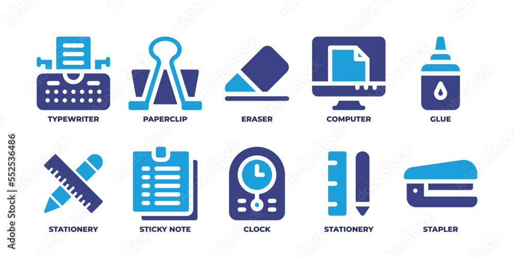 Stationery icon set. Duotone color. Vector illustration. Containing a ...