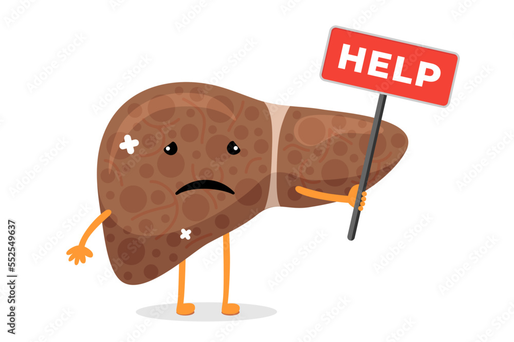 Cartoon sad suffering sick liver character. Unhealthy damage exocrine ...