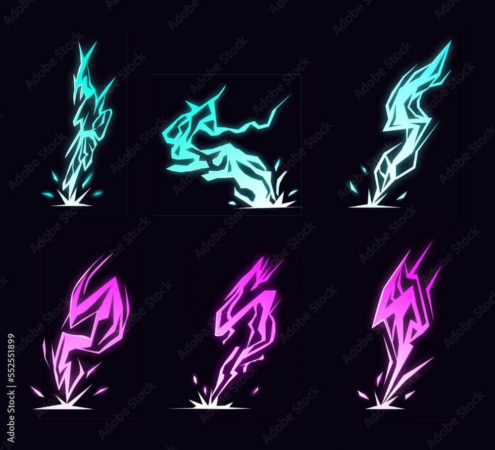 Lightning animation set with sparks. Cartoon lightning effect ...