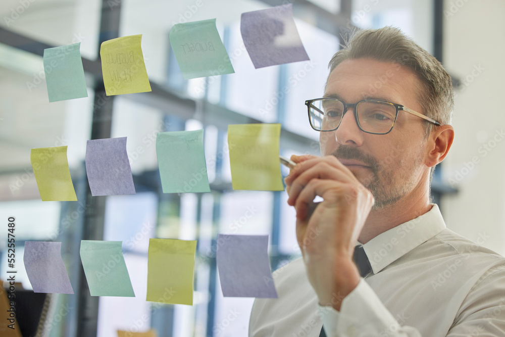Planning, sticky note and business man with creative vision, writing ...