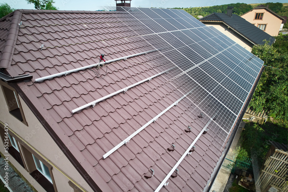 Photovoltaic solar panel fading away and shifting into metal supporting ...