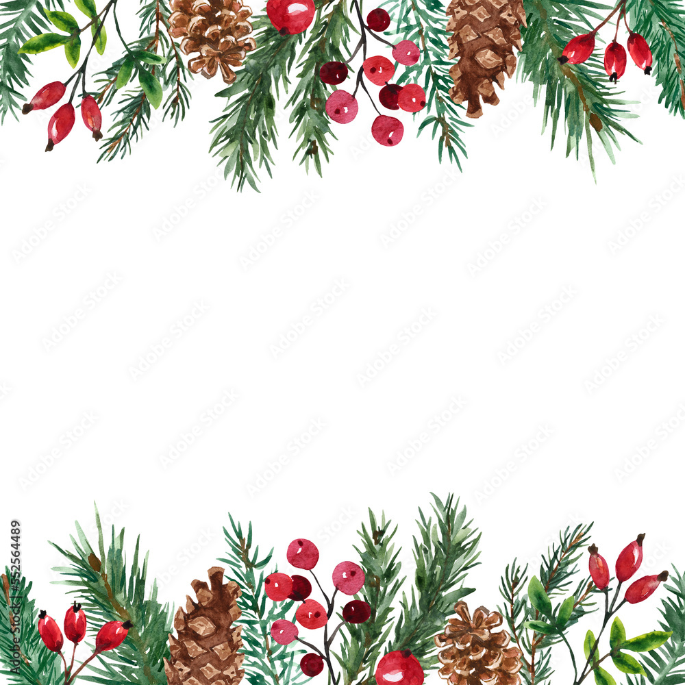 Christmas greenery border, watercolor holiday frame. Hand-painted pine ...