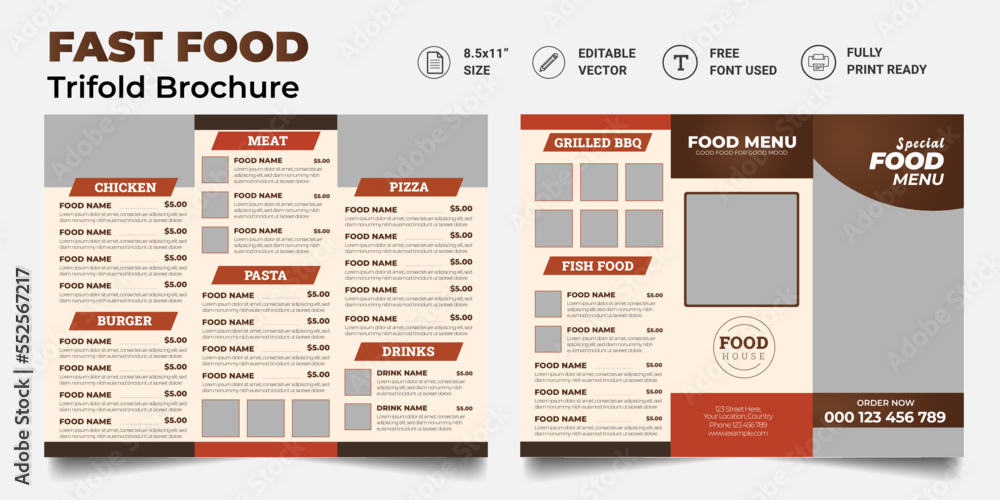 Trifold Food menu Brochure Template. restaurant menu. Fast-food healthy ...