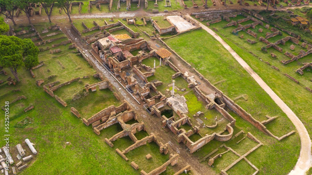 Aerial view of Mithraeum of Ostia Antica, private baths of Mithras from ...