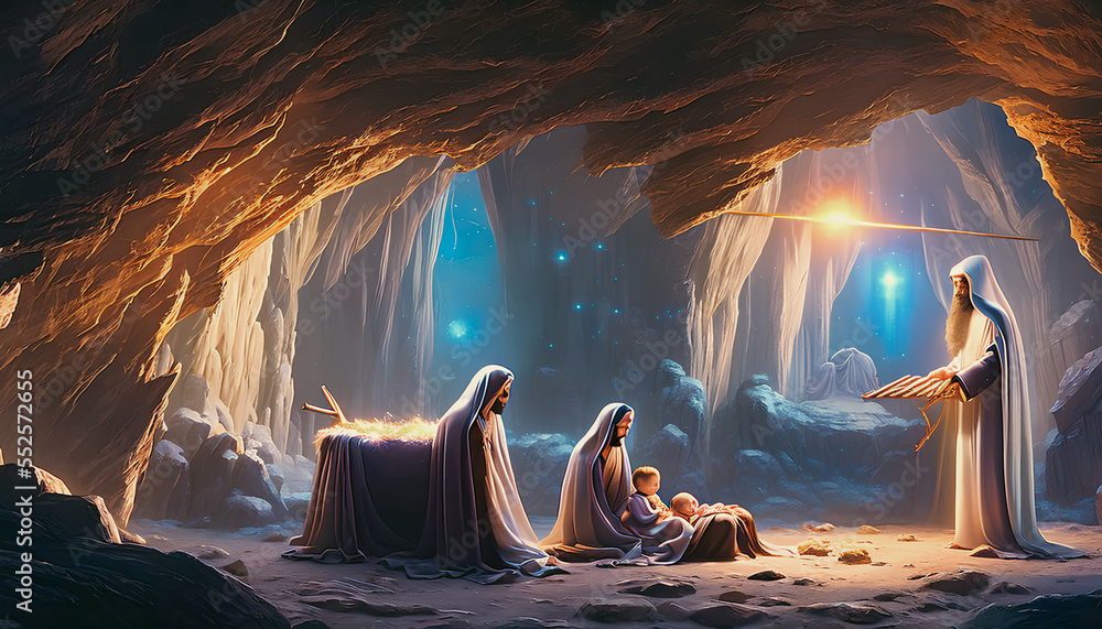 Christmas nativity scene of born child baby Jesus Christ in the manger ...
