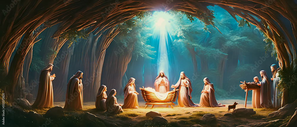 Christmas nativity scene of born child baby Jesus Christ in the manger ...