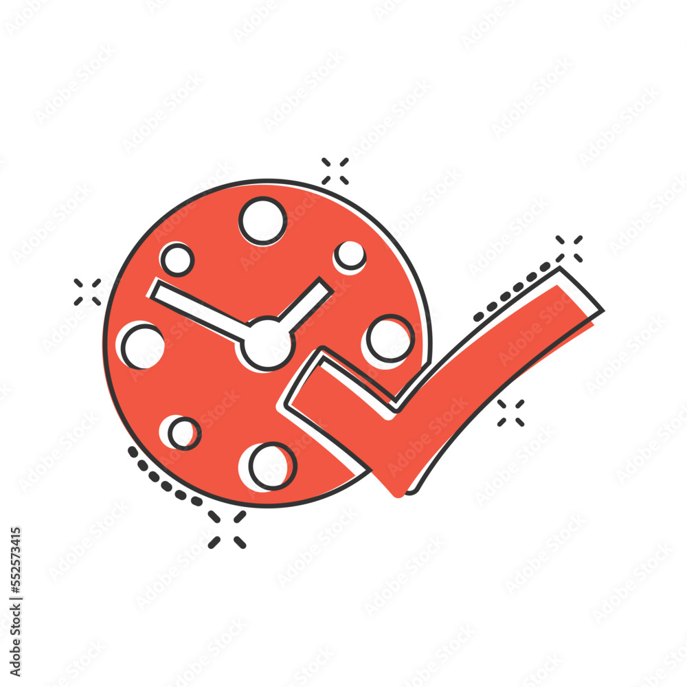Clock check mark icon in comic style. Timer approval cartoon vector ...