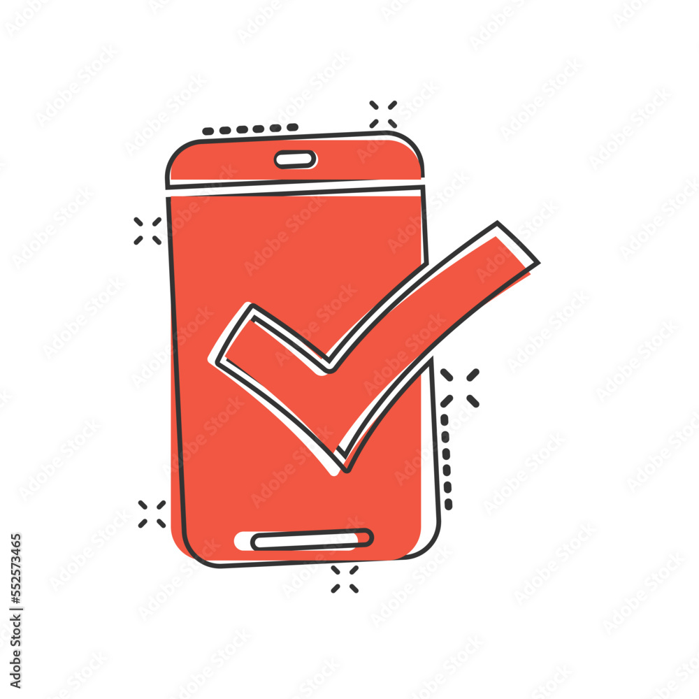 Phone check mark icon in comic style. Smartphone approval cartoon ...