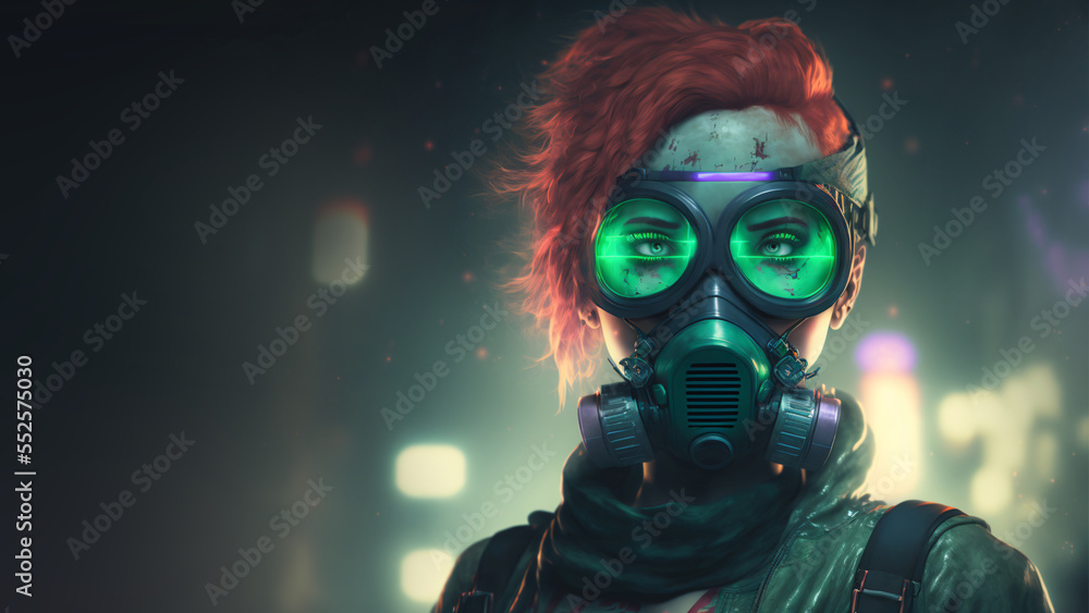 cyberpunk girl in leather hoodie with gas mask, night city light bokeh ...
