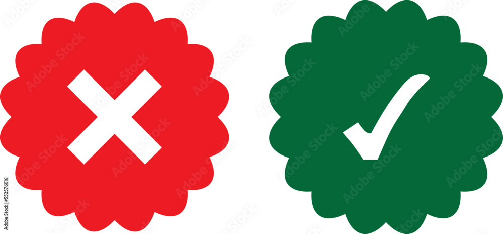 Approved and not approved icon, green check and red cross symbols Stock ...
