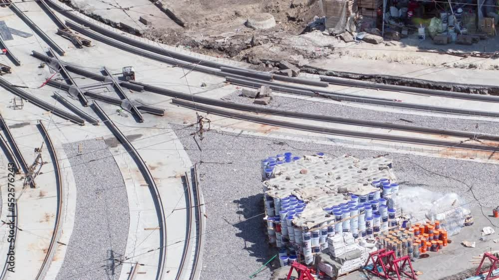 Repair works on the street timelapse. Laying of new tram rails on a ...