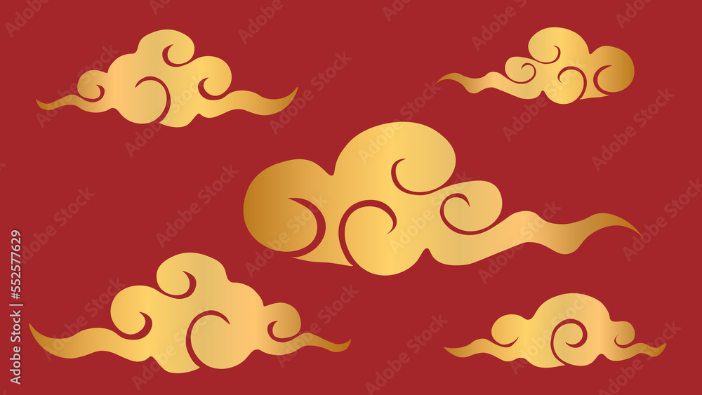 Collection of red and gold clouds in Chinese style, isolated on red background. Vector ...