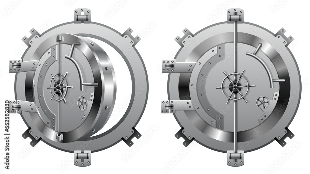 Bank vault door set. Metal steel round gate open and close, isolated ...