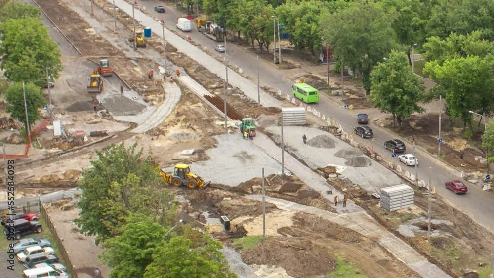 Panoramic aerial view of bulldozer, industrial truck loader excavator ...