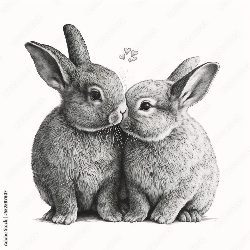 Realistic sketch of two bunnies kissing. Lettering greeting for ...