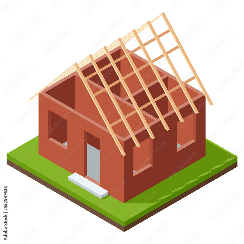 House construction Isometric stage. Visualization of modern building ...
