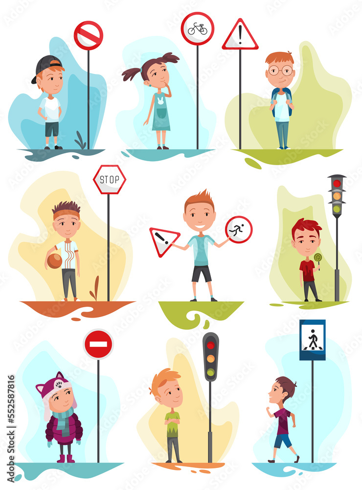 Ilustracja Stock: Kids learning road signs. Traffic road education ...