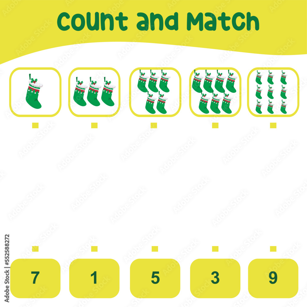Vetor de Count and match the Xmas stocking with the number. Educational ...